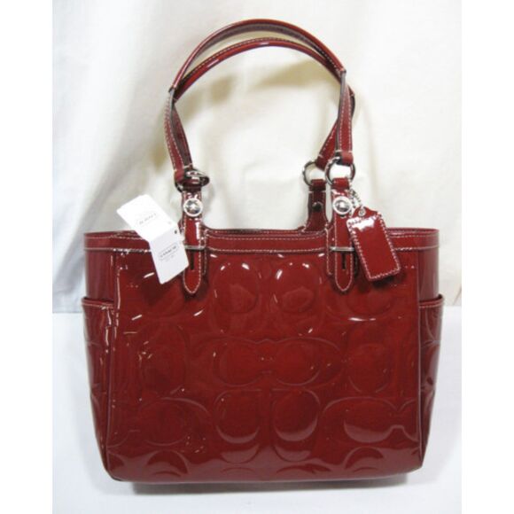 Coach | Bags | Coach Designer Red Patent Leather Signature Print Tote ...